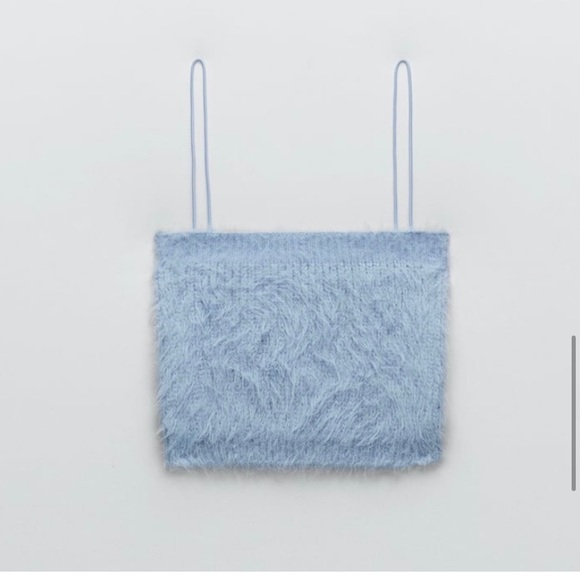 Zara | Tops | Nwt Zara Soft Touch Blue Fuzzy Spaghetti Strap Crop Top ...